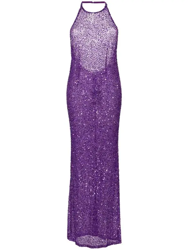Retrofete Sequinned Halterneck Gown - Purple