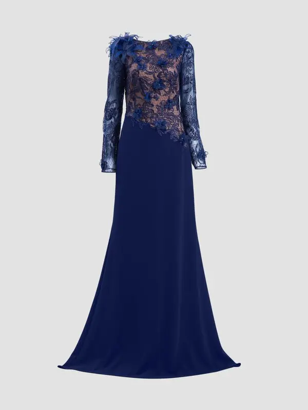 Tadashi Shoji Floral Lace Asymmetric Long-sleeve Gown - Notte Beige