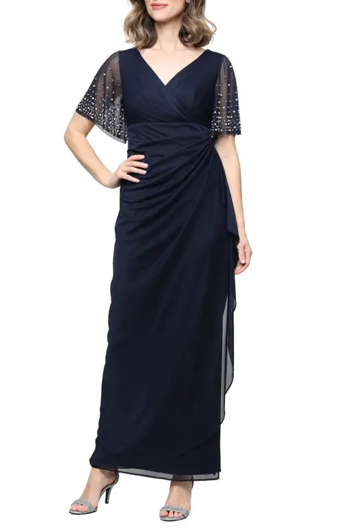 Alex Evenings Imitation Pearl & Rhinestone Embellished Gown - Navy