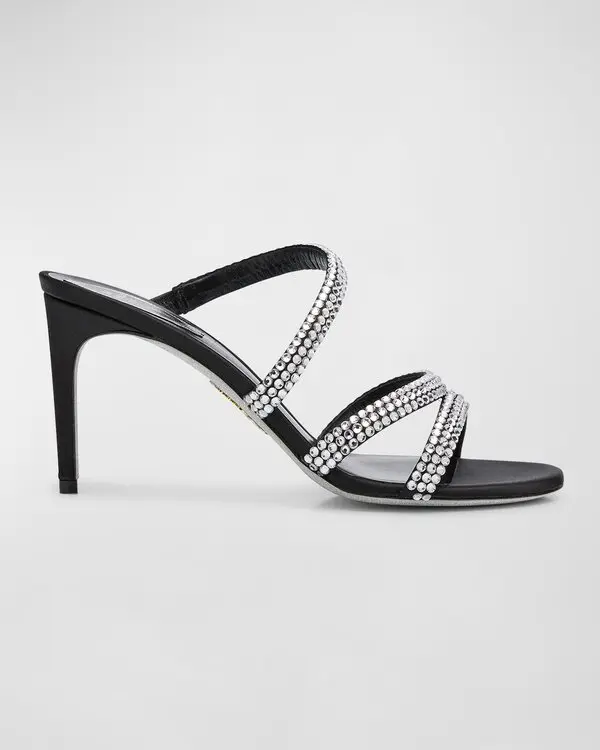 Rene Caovilla Irina Crystal Satin Three-Band Sandals Black