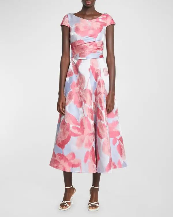 Talbot Runhof Floral Jacquard High-Neck Cap-Sleeve Midi Dress - Azalea Pink