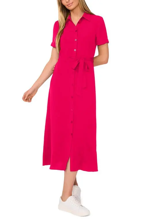 CECE DUPRAZ Tie Belt Button-up Twill Gauze Midi Dress - Brt Geranium