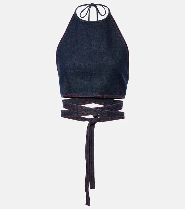 Alaïa Halterneck Denim Crop Top - Blue