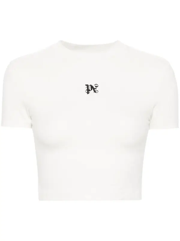 Palm Angels Logo-embroidered Cropped T-shirt - White