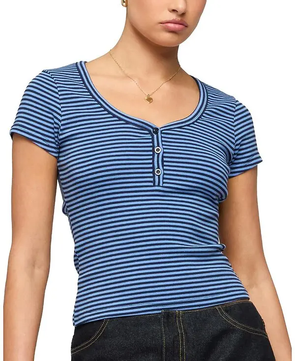 EDIKTED Striped Henley Tee - Blue/ Navy