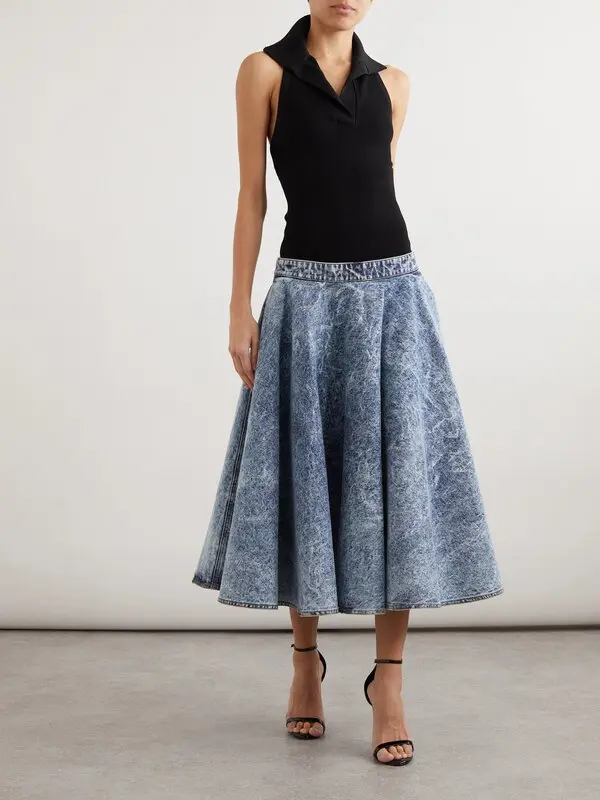 KALAIA Cotton Denim Midi Skirt