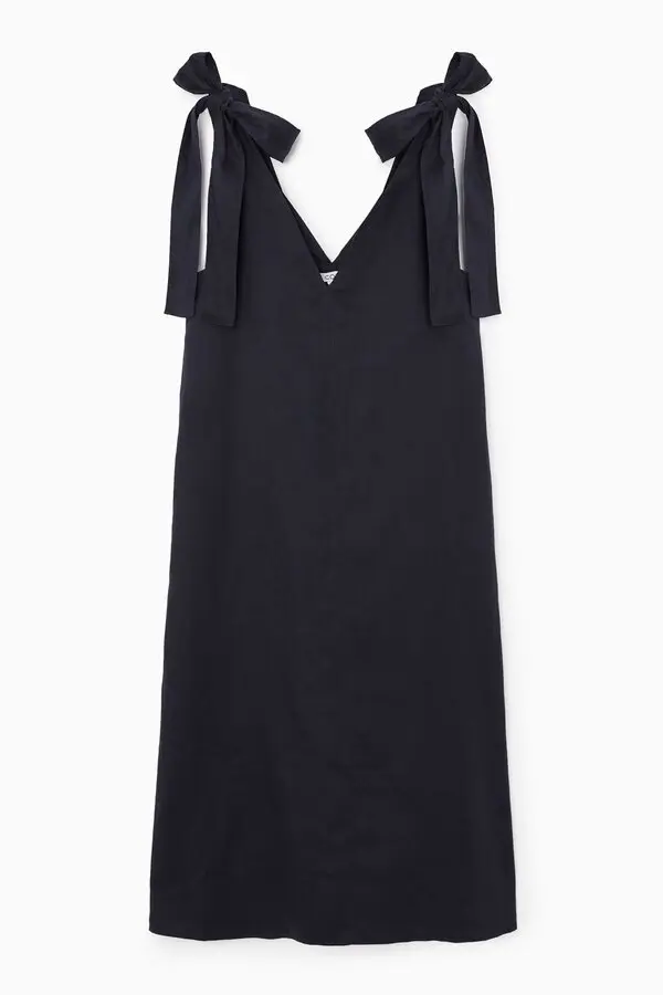 Cos Bow-Detail Linen Midi Dress In Blue - 50% Off | Editorialist