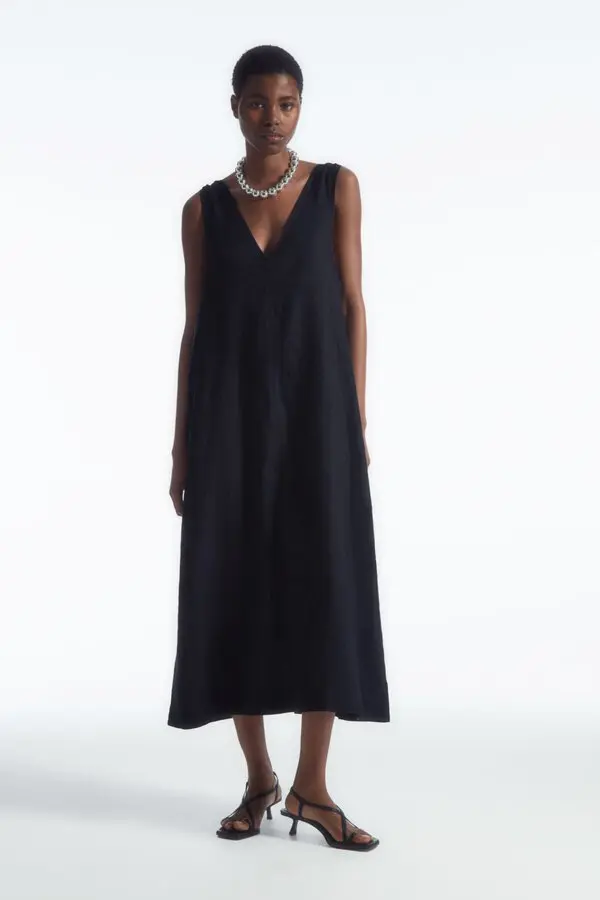 Bow-detail Linen Midi Dress - Blue