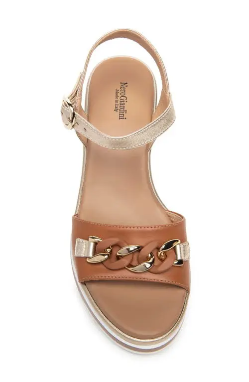 NEROGIARDINI Chain Ankle Strap Wedge Sandal - Brown
