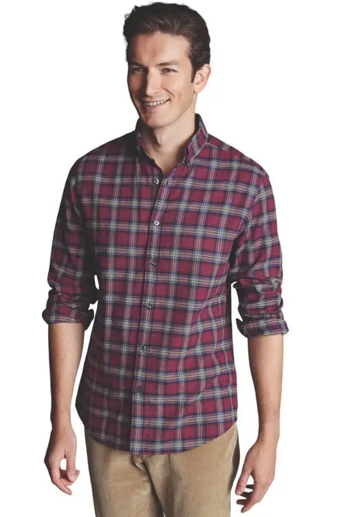 CHARLES TYRWHITT Slim Fit Button-down Collar Brushed Flannel Check Shirt - Dark Red