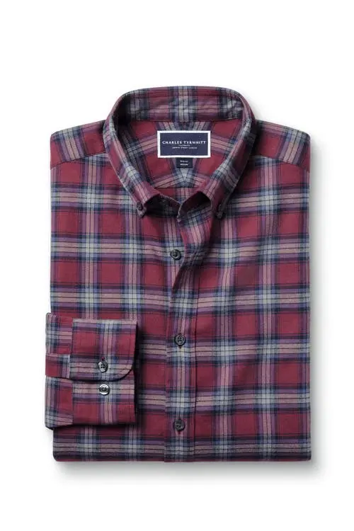 CHARLES TYRWHITT Slim Fit Button-down Collar Brushed Flannel Check Shirt - Dark Red