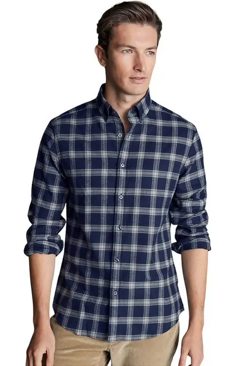 CHARLES TYRWHITT Slim Fit Button-down Collar Brushed Flannel Check Shirt - French Blue