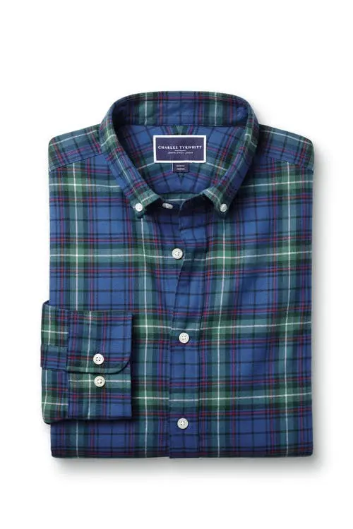 CHARLES TYRWHITT Slim Fit Button-down Collar Brushed Flannel Check Shirt - Green