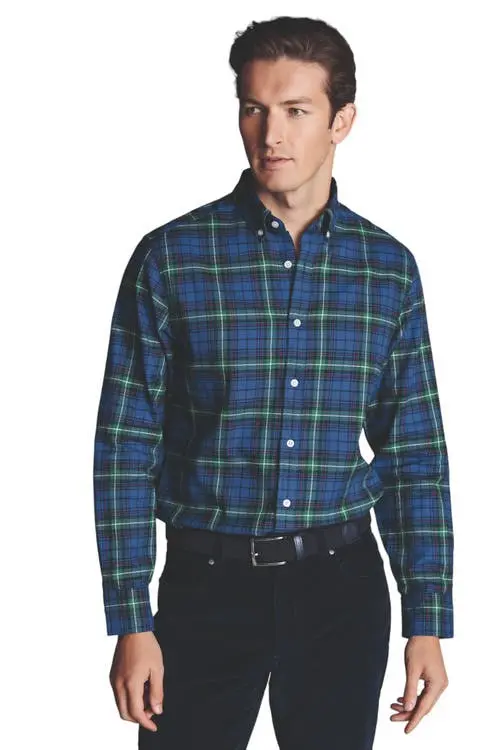 CHARLES TYRWHITT Slim Fit Button-down Collar Brushed Flannel Check Shirt - Green