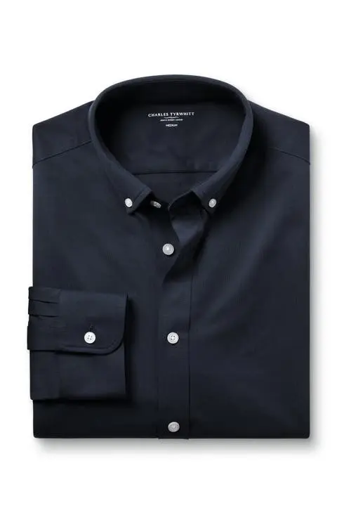 CHARLES TYRWHITT Four-way Stretch Button Down Jersey Shirt - Navy