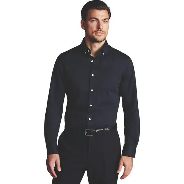 CHARLES TYRWHITT Four-way Stretch Button Down Jersey Shirt - Navy