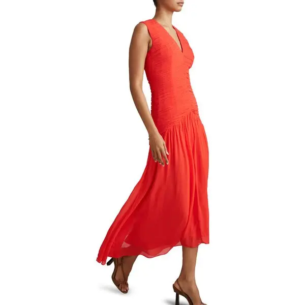 REISS Saffy Ruched Mesh Midi Dress
