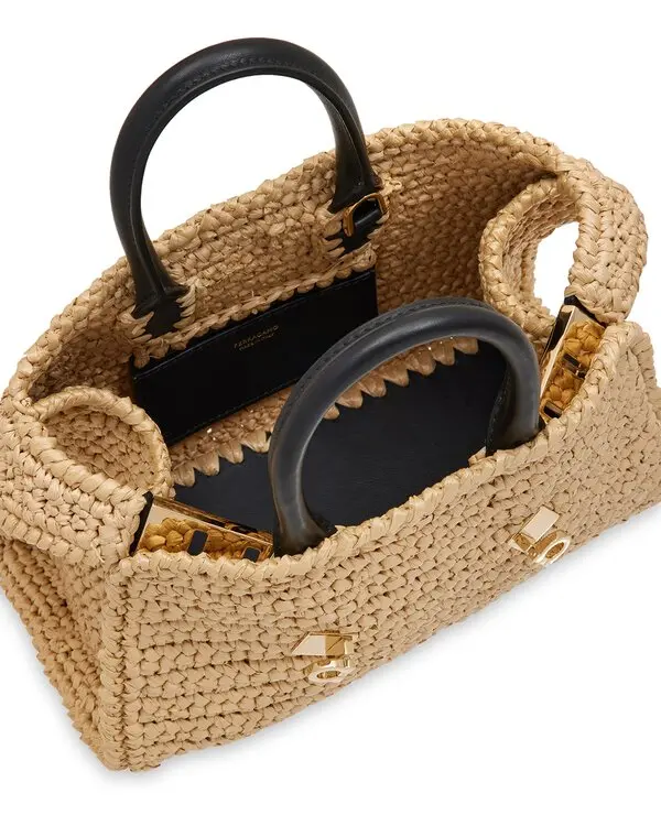 FERRAGAMO Mini Woven Hug Bag - Natural/black/gold