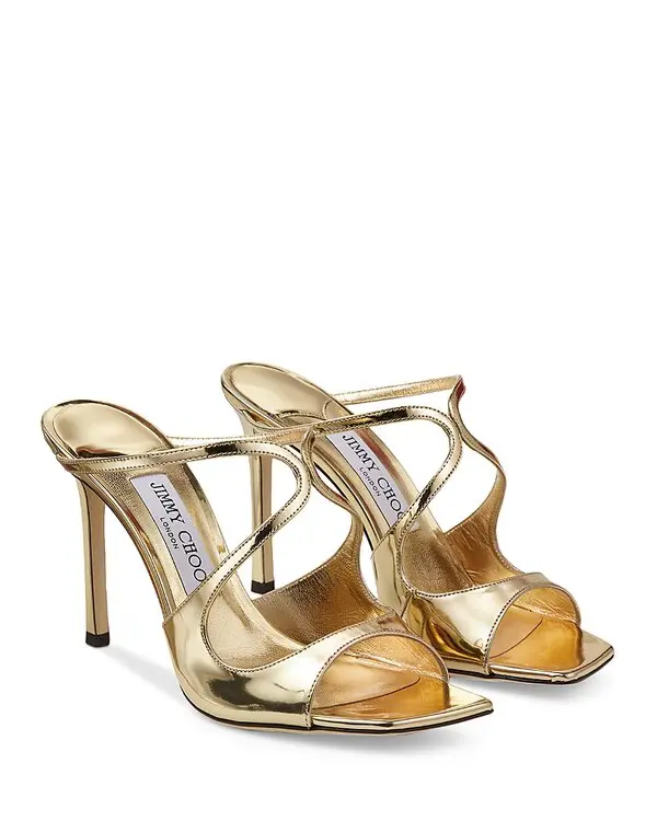JIMMY CHOO Anise 95 Strappy High Heel Slides - Gold Metallic Leather
