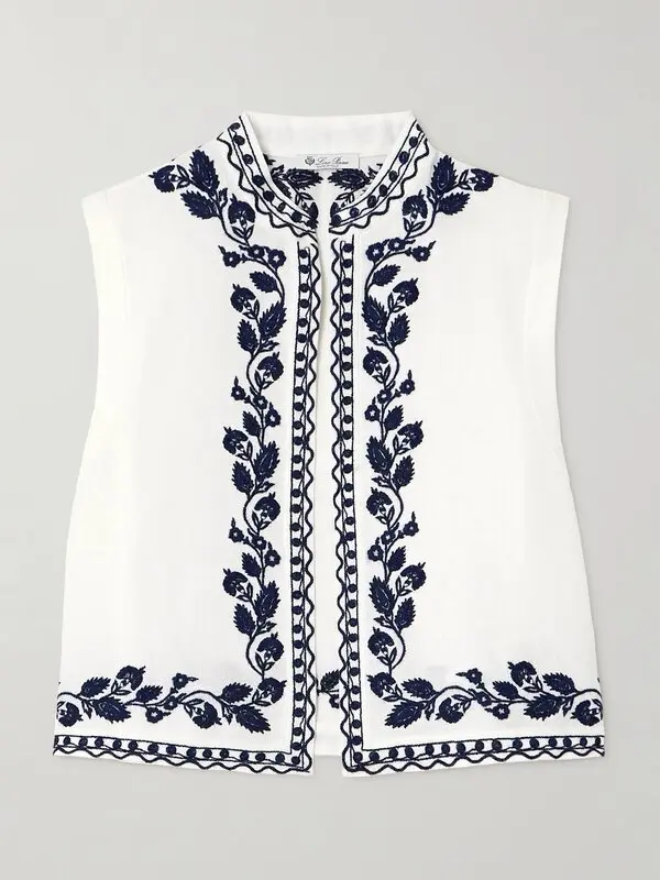 Loro Piana Dabney Embroidered Linen Vest - White