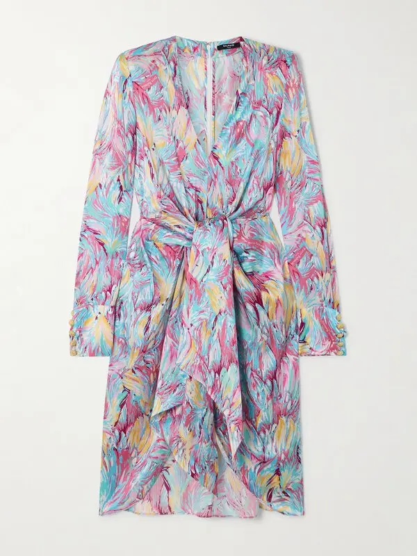 Balmain Embellished Draped Printed Silk-satin Mini Dress