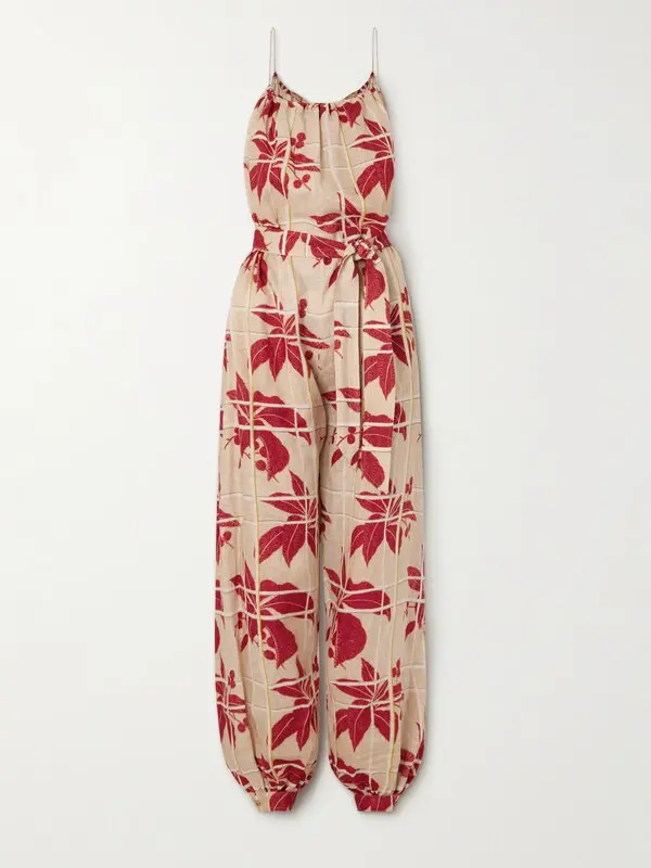 Loro Piana Belted Printed Linen Jumpsuit - Pink
