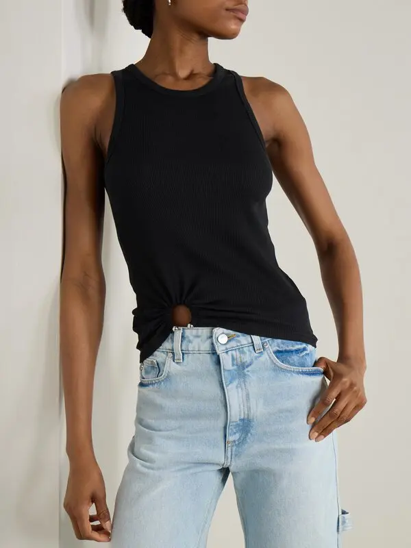 Rabanne Embellished Gathered Ribbed Tank - Black