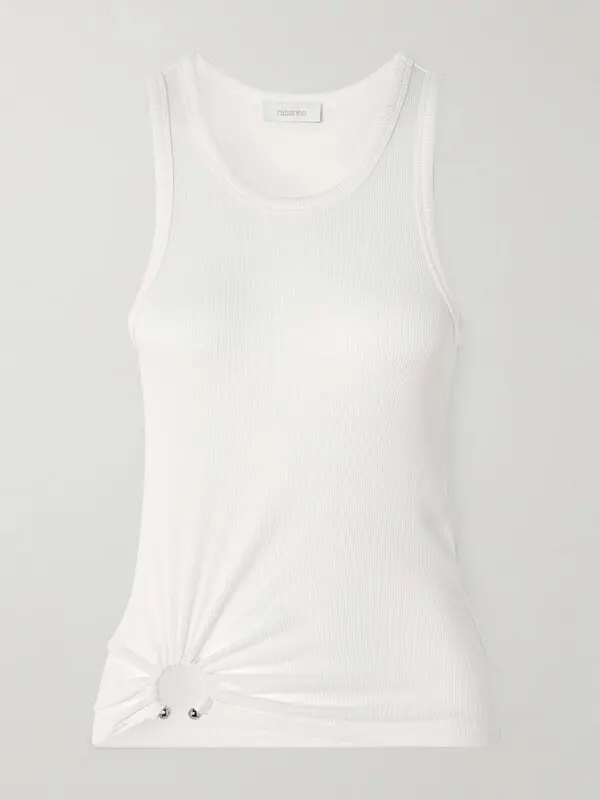 Rabanne Embellished Gathered Ribbed Tank - White
