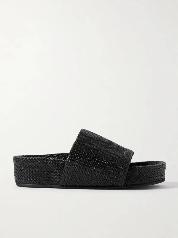 ST. AGNI Woven Leather Platform Slides - Black