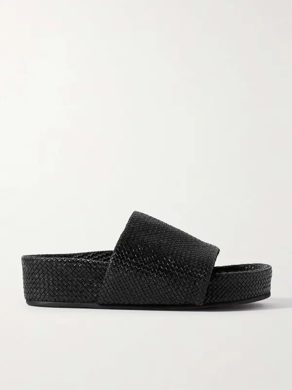 ST. AGNI Woven Leather Platform Slides - Black