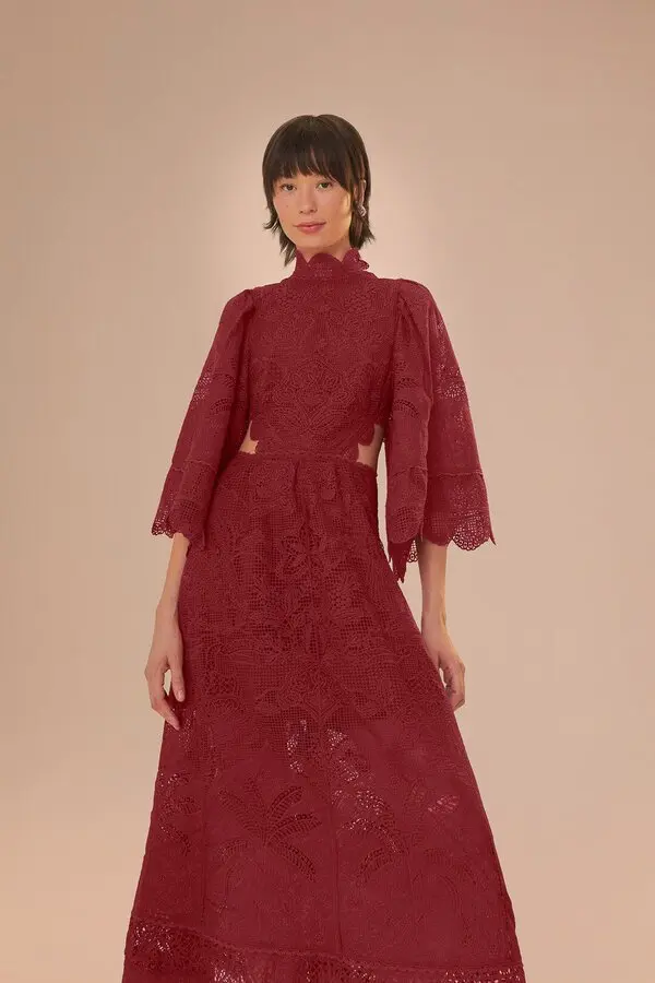 Farm Rio Guipure Cut-Out Midi Dress - Burgundy | Editorialist