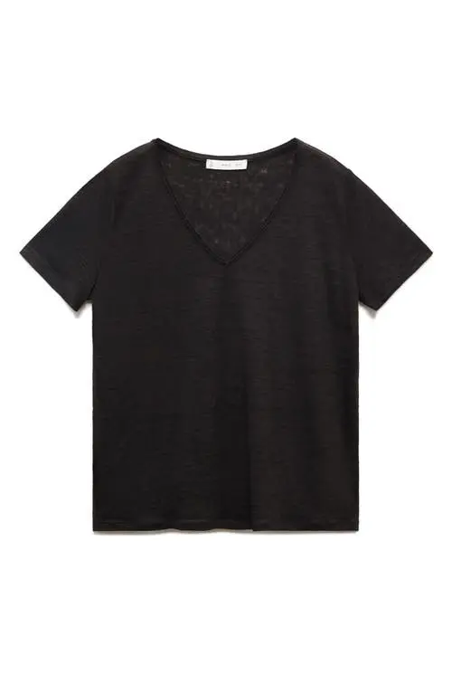Mango V-neck Linen T-shirt - Black