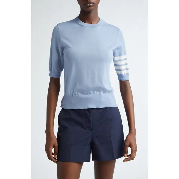 Thom Browne 4-bar Short Sleeve Sweater - Light Blue