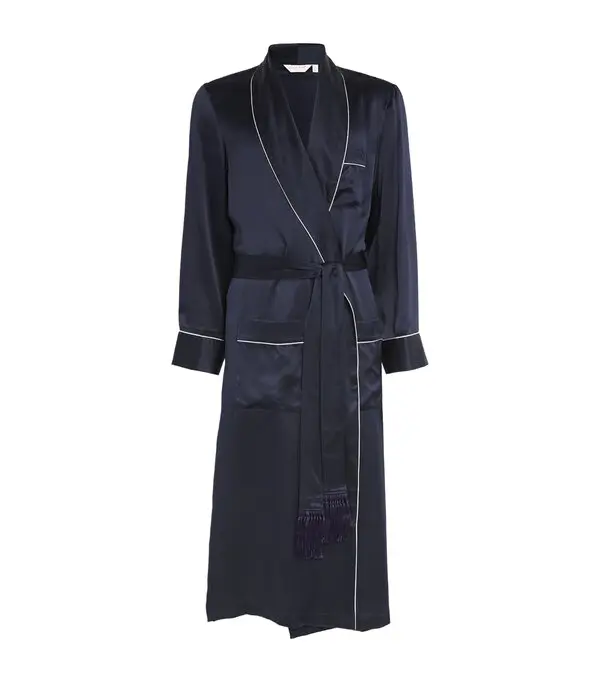 Derek Rose Silk Bailey Robe - Navy