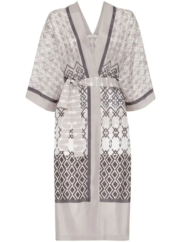 Brunello Cucinelli Geometric Print Silk Robe - Neutrals
