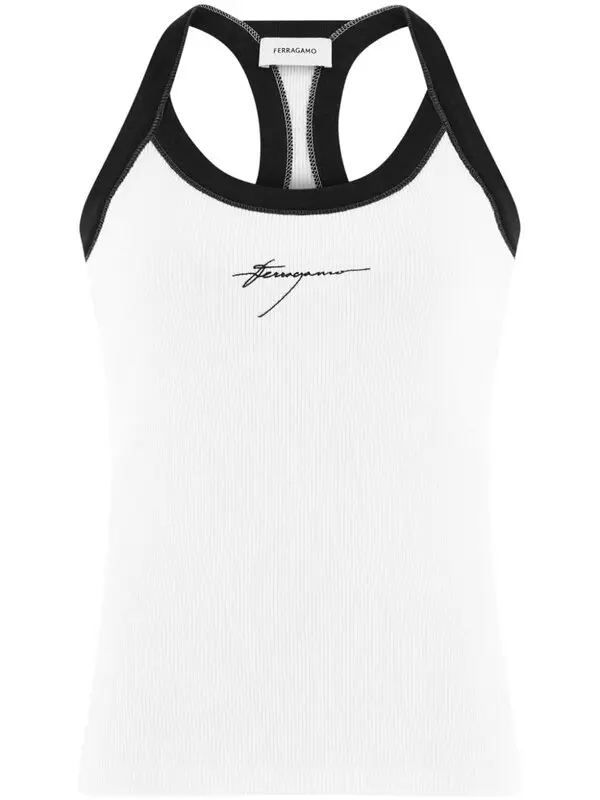 FERRAGAMO Logo-embroidered Cotton Tank Top - White