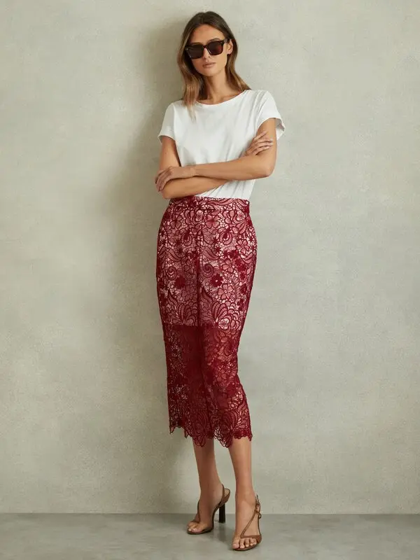REISS Flo Sheer Lace Midi Pencil Skirt - Burgundy