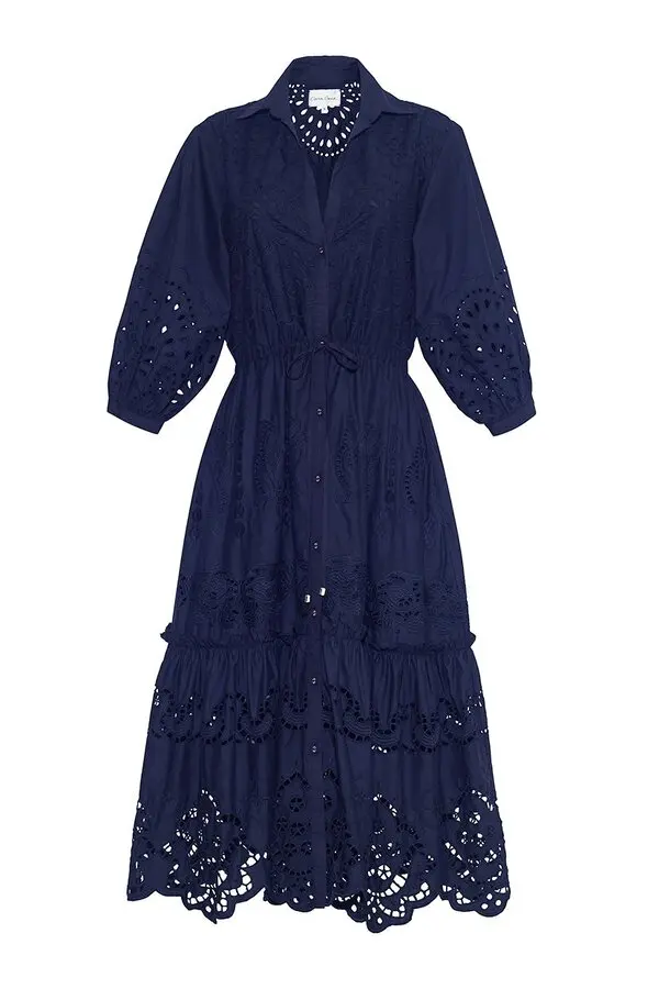 Cara Cara Hutton Embroidered Eyelet Midi Dress - Navy Embroidered Eyelet