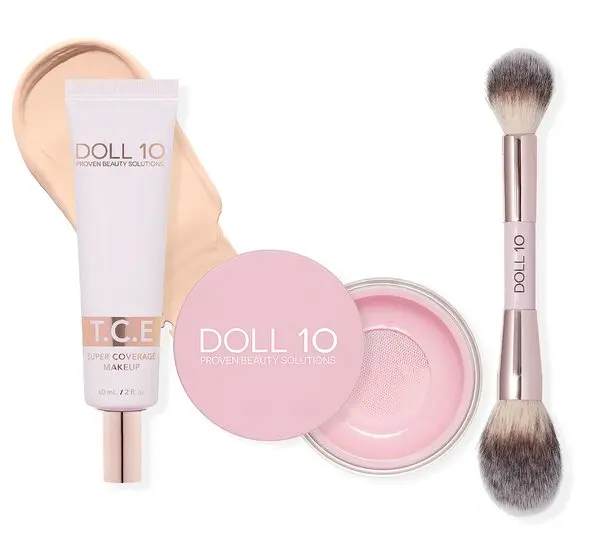 DOLL 10 Super-size Tce Foundation, Pink Powder & Brush 3pc Set - One-color