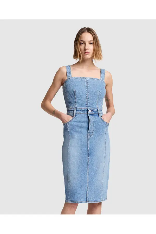 green emerald velvet dress Denim Seamed Midi Dress in Medium Wash S