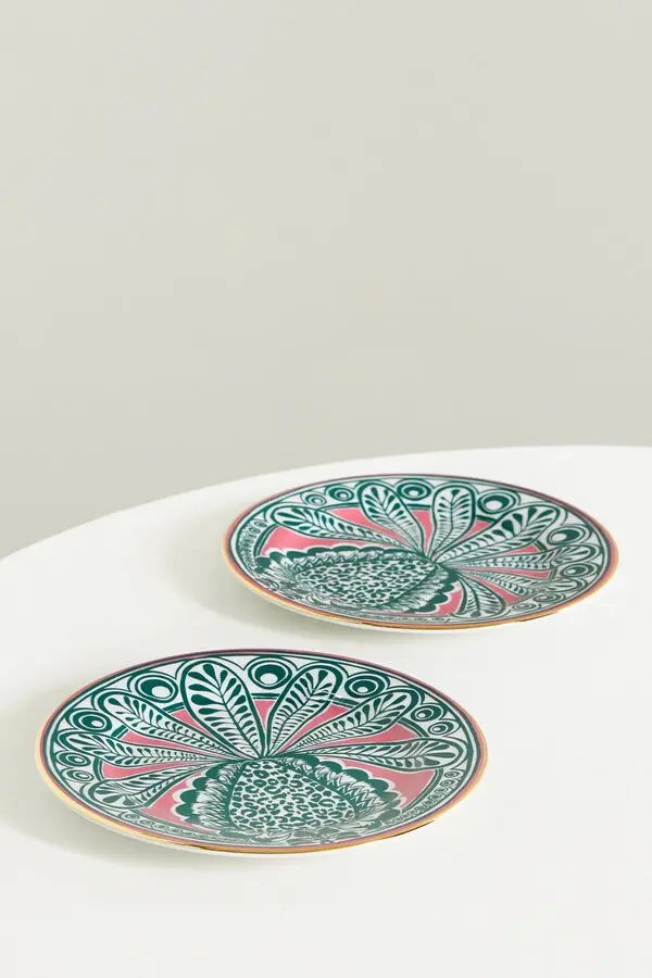 La DoubleJ Set Of Two Gold-plated Porcelain Dessert Plates - Green