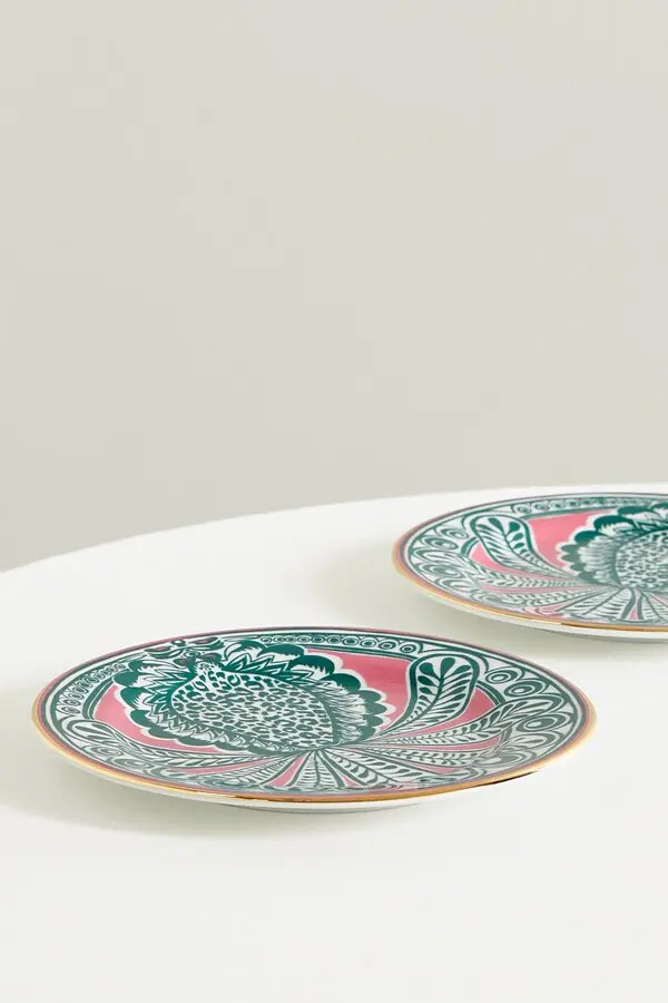 La DoubleJ Set Of Two Gold-plated Porcelain Dessert Plates - Green