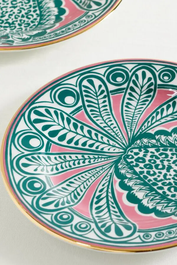 La DoubleJ Set Of Two Gold-plated Porcelain Dessert Plates - Green