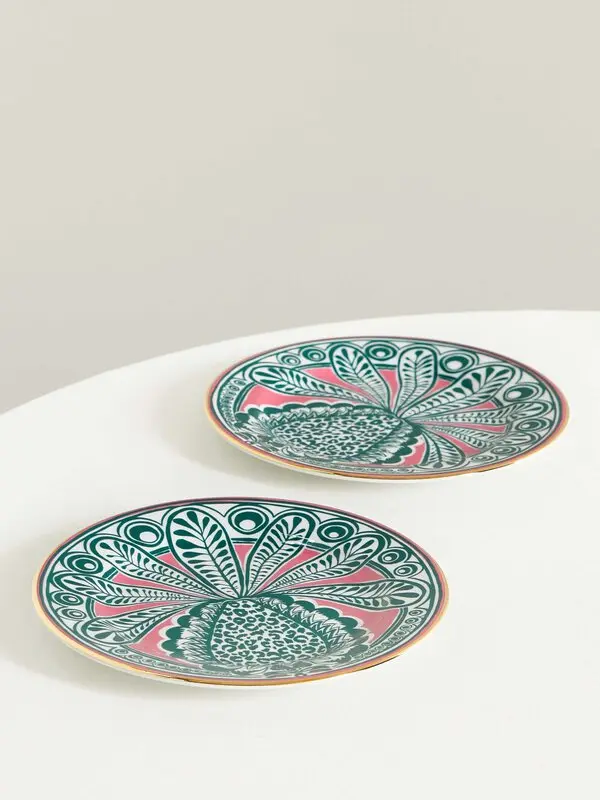 La DoubleJ Set Of Two Gold-plated Porcelain Dessert Plates - Green