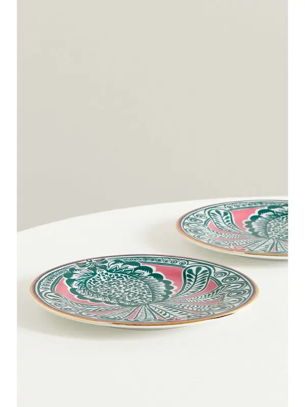 La DoubleJ Set Of Two Gold-plated Porcelain Dessert Plates - Green