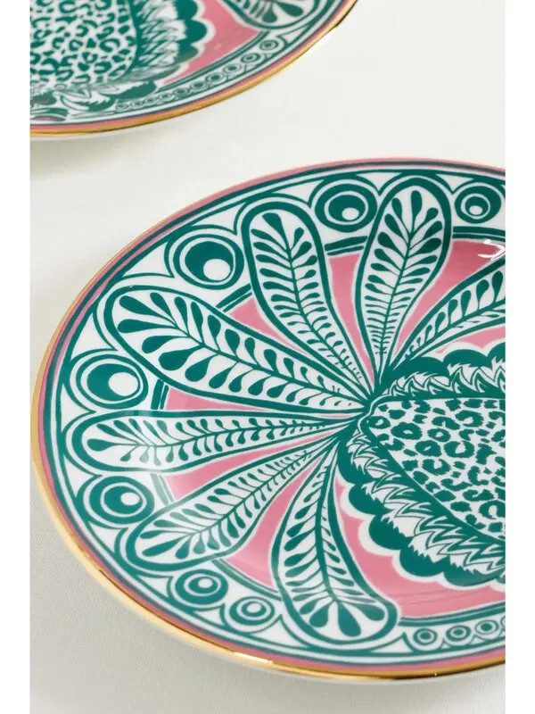 La DoubleJ Set Of Two Gold-plated Porcelain Dessert Plates - Green