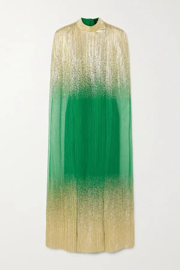 DIMA AYAD Metallic Plissé-tulle Gown And Cape Set - Green