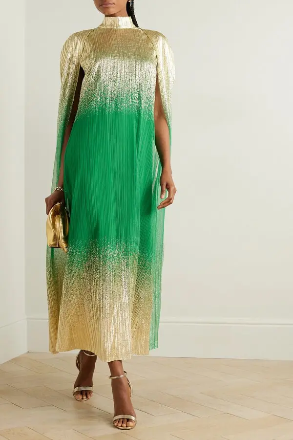 DIMA AYAD Metallic Plissé-tulle Gown And Cape Set - Green
