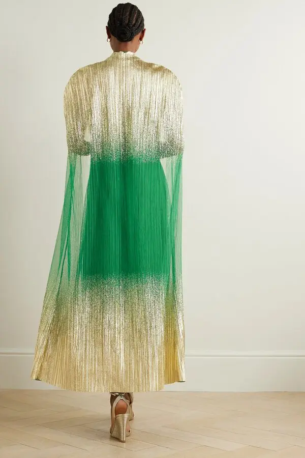 DIMA AYAD Metallic Plissé-tulle Gown And Cape Set - Green