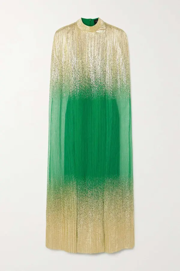 DIMA AYAD Metallic Plissé-tulle Gown And Cape Set - Green